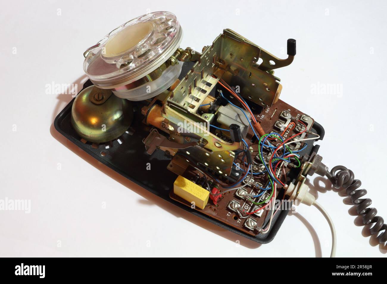 Internal view of an old rotary dial telephone. retro classic phone ...