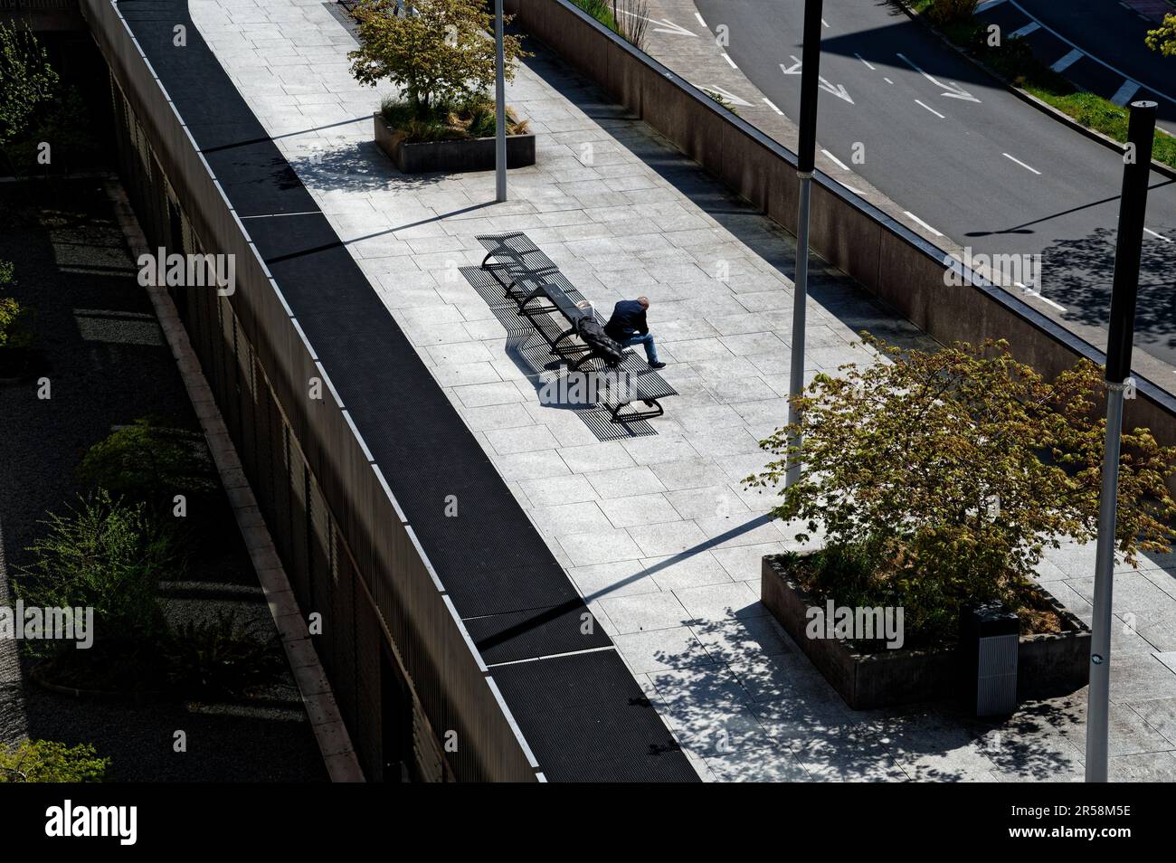 Lonesome man sitting on a bench in an elevated park in Geneva Stock ...