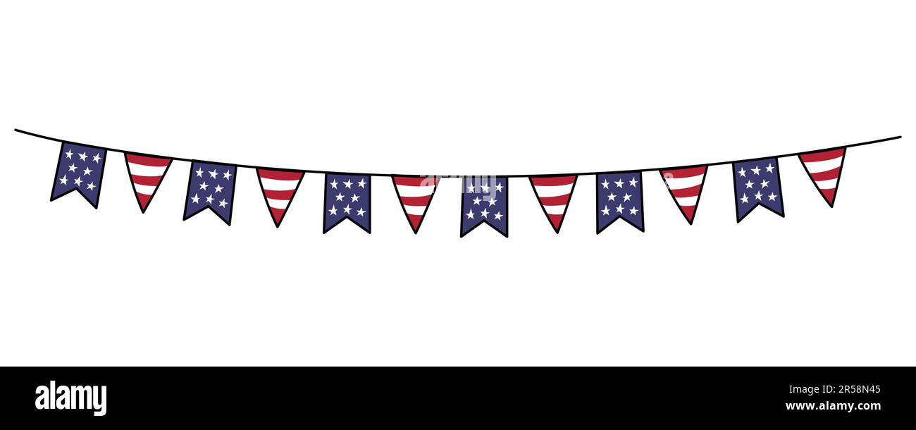 USA flags bunting, streamer. Vector doodle illustration. Decorative ...