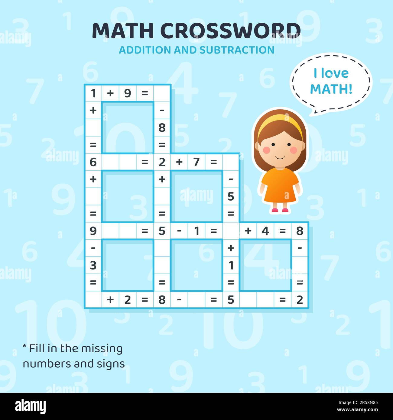 Math Crossword puzzle for children. Addition and subtraction Stock ...