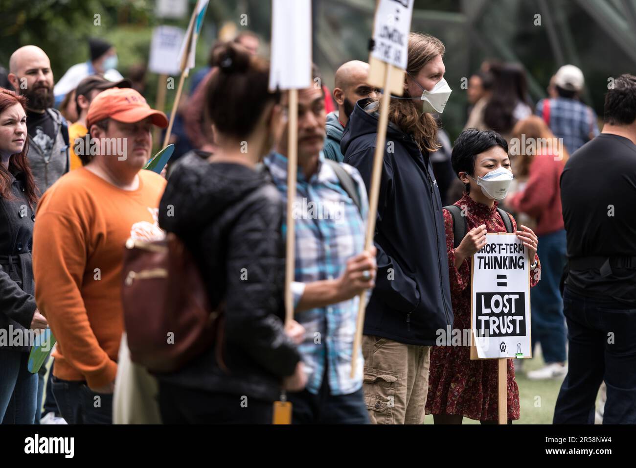 Seattle, USA. 31 May, 2023. Amazon corporate employees walk out of ...