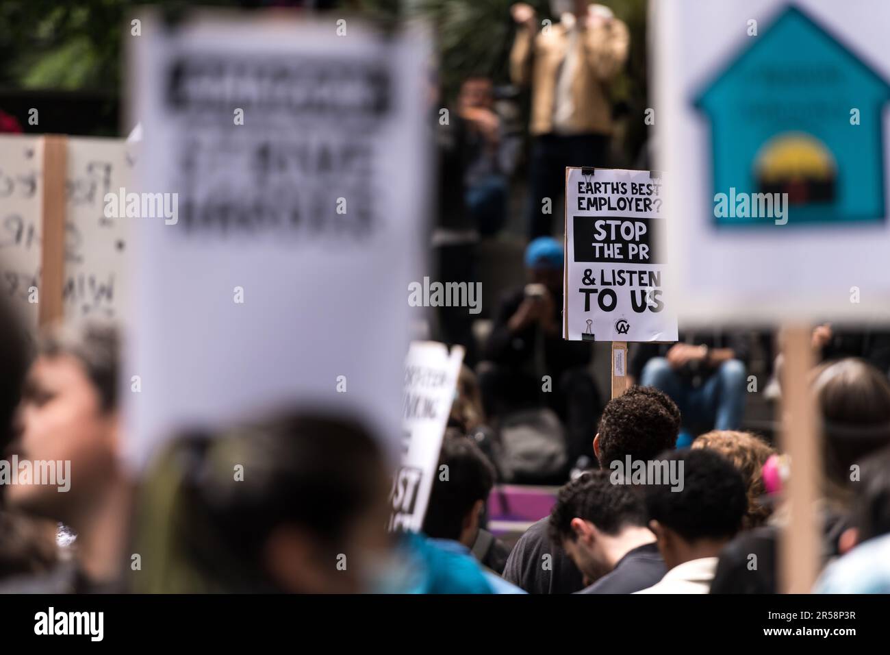 Seattle, USA. 31 May, 2023. Amazon corporate employees walk out of ...