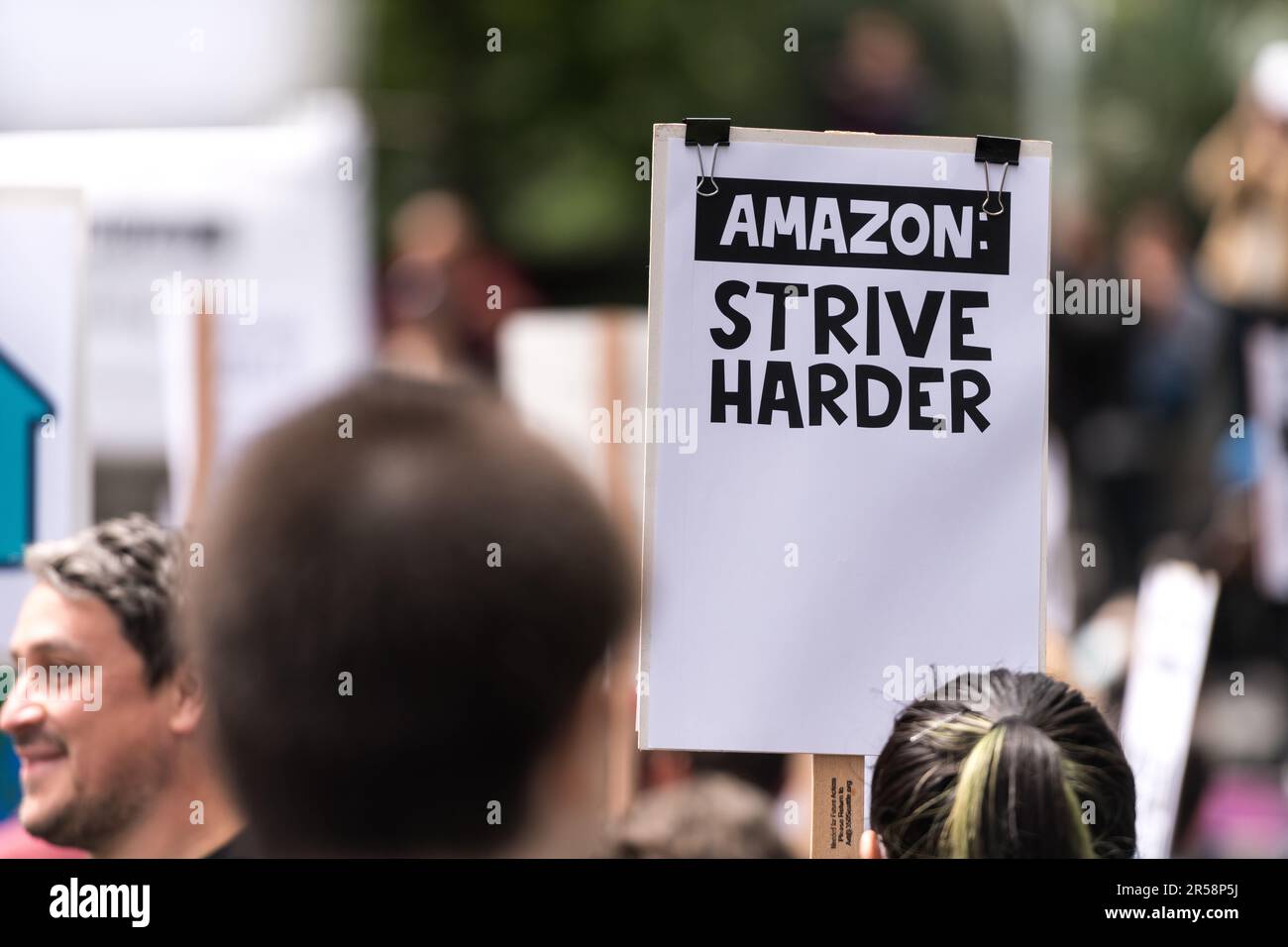 Seattle, USA. 31 May, 2023. Amazon corporate employees walk out of ...