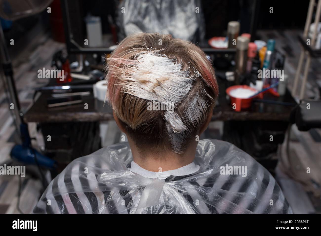 Girl's client's head close-up in white paint dye the process of dyeing ...