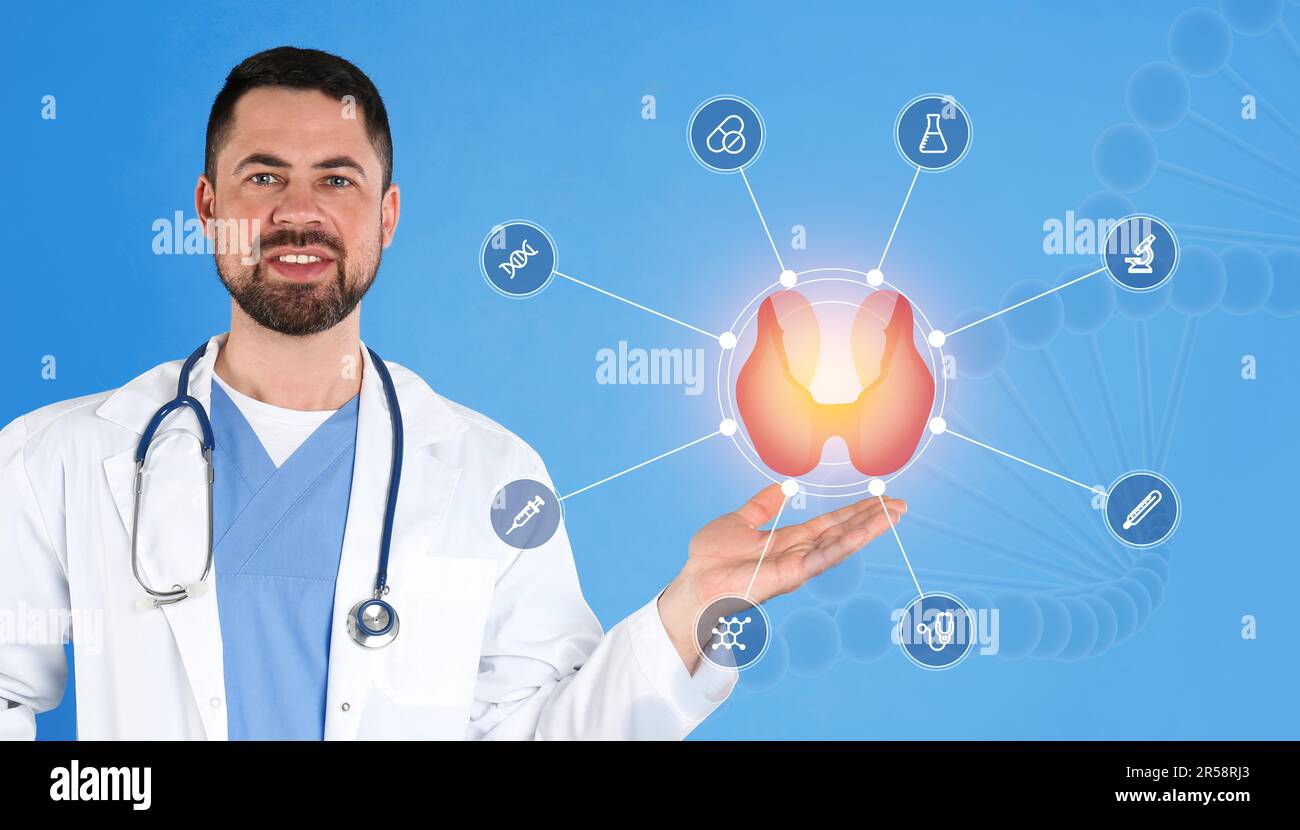 Endocrinologist holding thyroid illustration surrounded by icons on ...