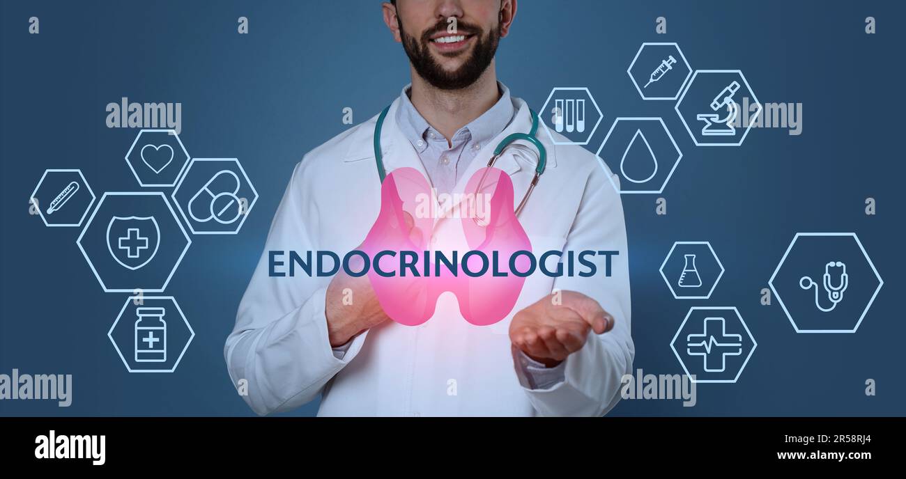 Endocrinologist holding thyroid illustration surrounded by icons on ...