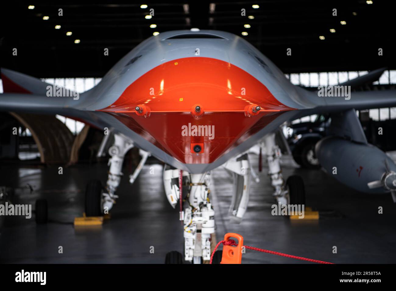A MQ-25 Stingray sits parked in Hangar 1 on Scott Air Force Base, Illinois, May 12, 2023. The MQ ...