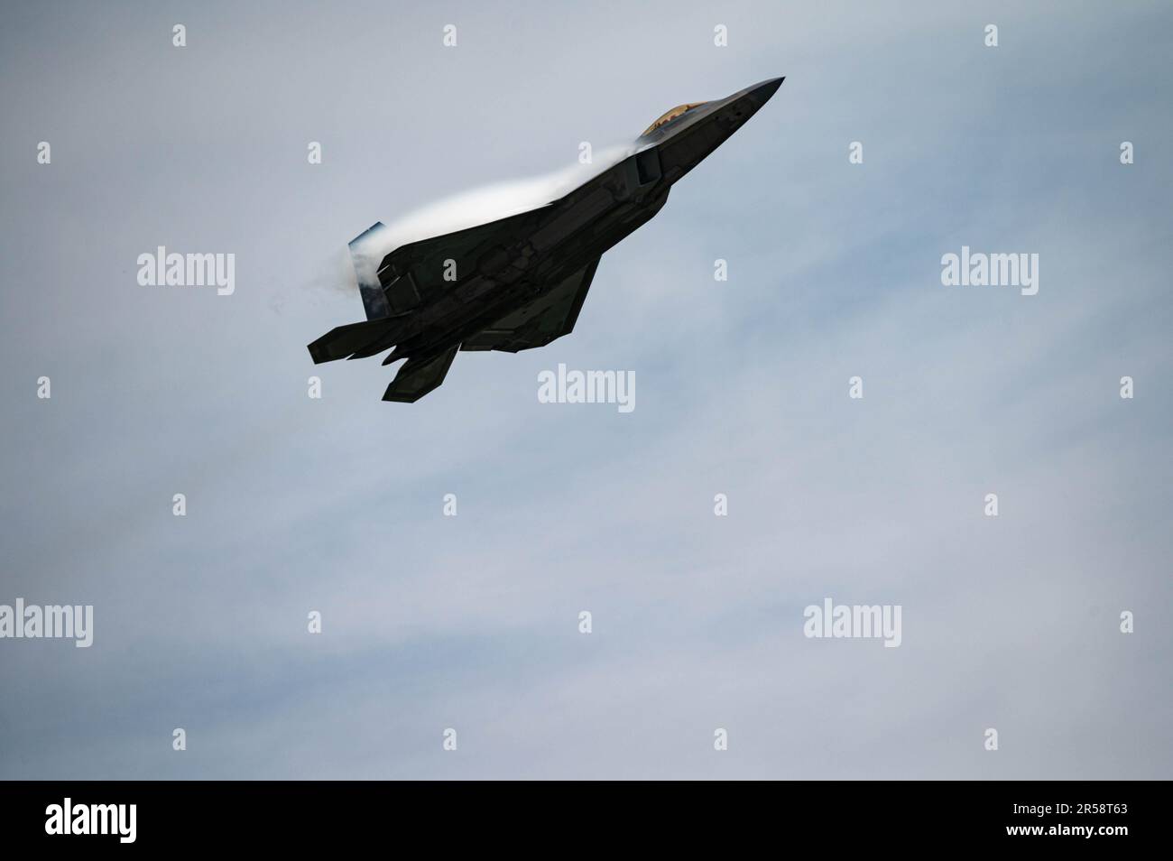 A vapor cone forms on an F-22 Raptor as it flies during the Scott Air ...