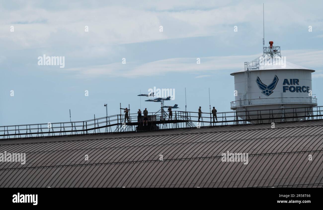 F/A-18E Super Hornets fly above Hangar 1 at Scott Air Force Base ...