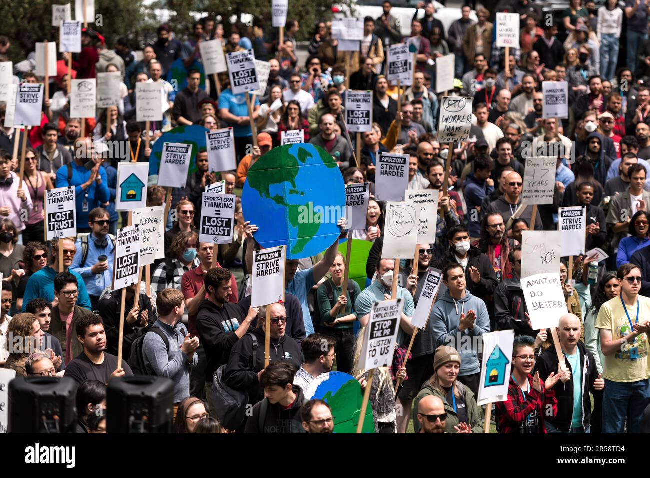 Seattle, USA. 31 May, 2023. Amazon corporate employees walk out of ...