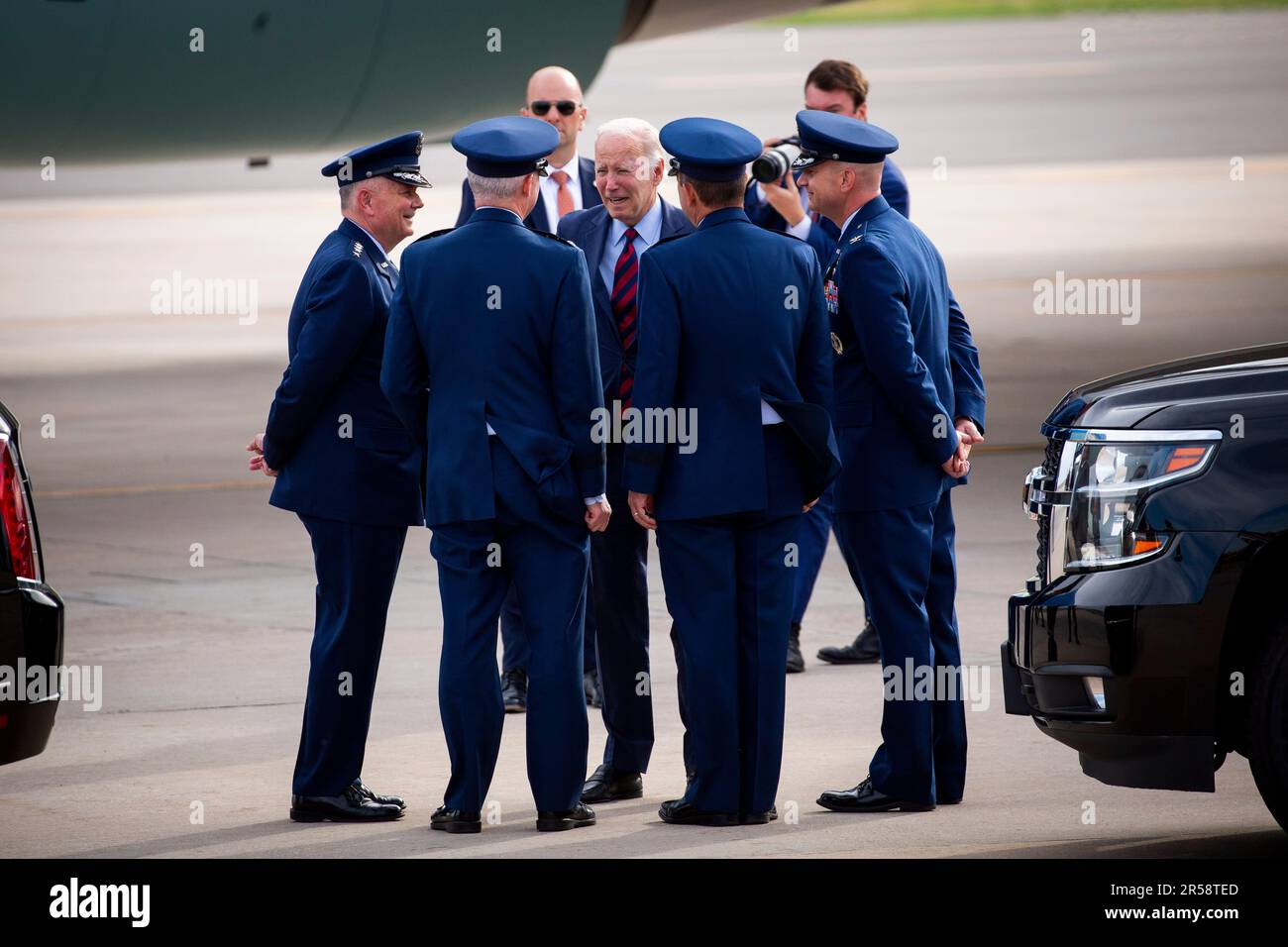 Senior leaders from Peterson Space Force Base greet President Joe Biden ...