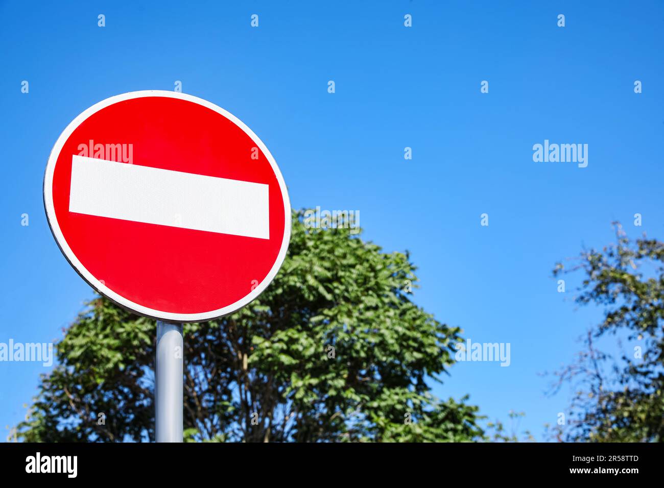 Traffic sign No Entry outdoors, low angle view. Space for text Stock ...