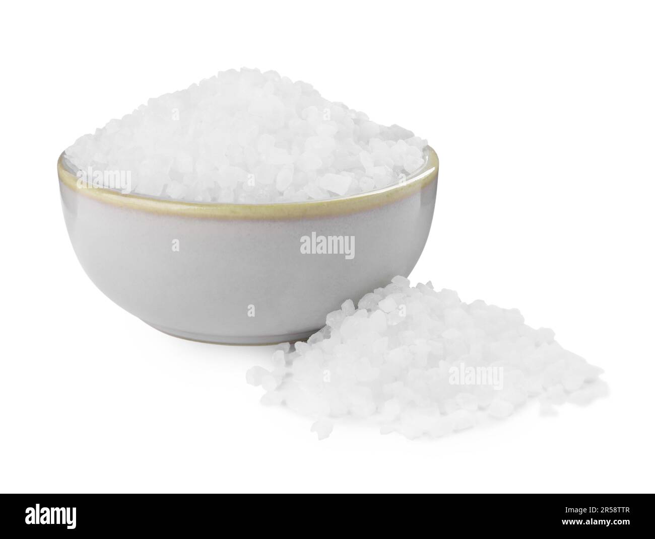 Ceramic bowl and heap of natural sea salt isolated on white Stock Photo ...