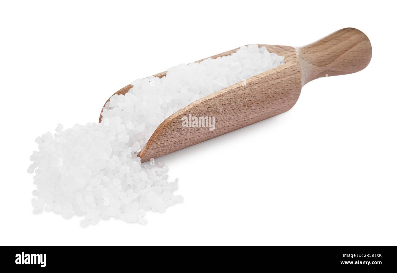 Wooden scoop and heap of natural sea salt isolated on white Stock Photo ...