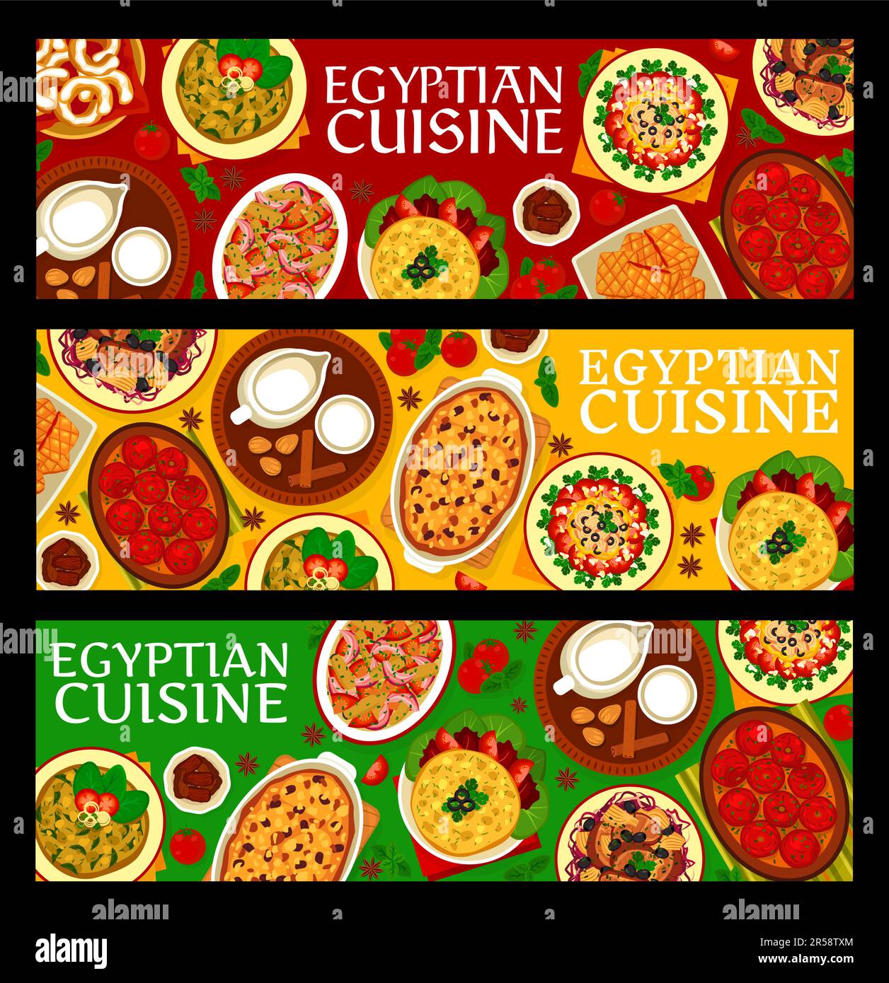 Egyptian cuisine food horizontal banners with traditional dishes and ...