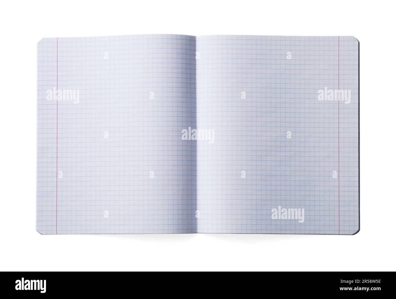 Open copybook with checkered sheets of paper on white background, top ...