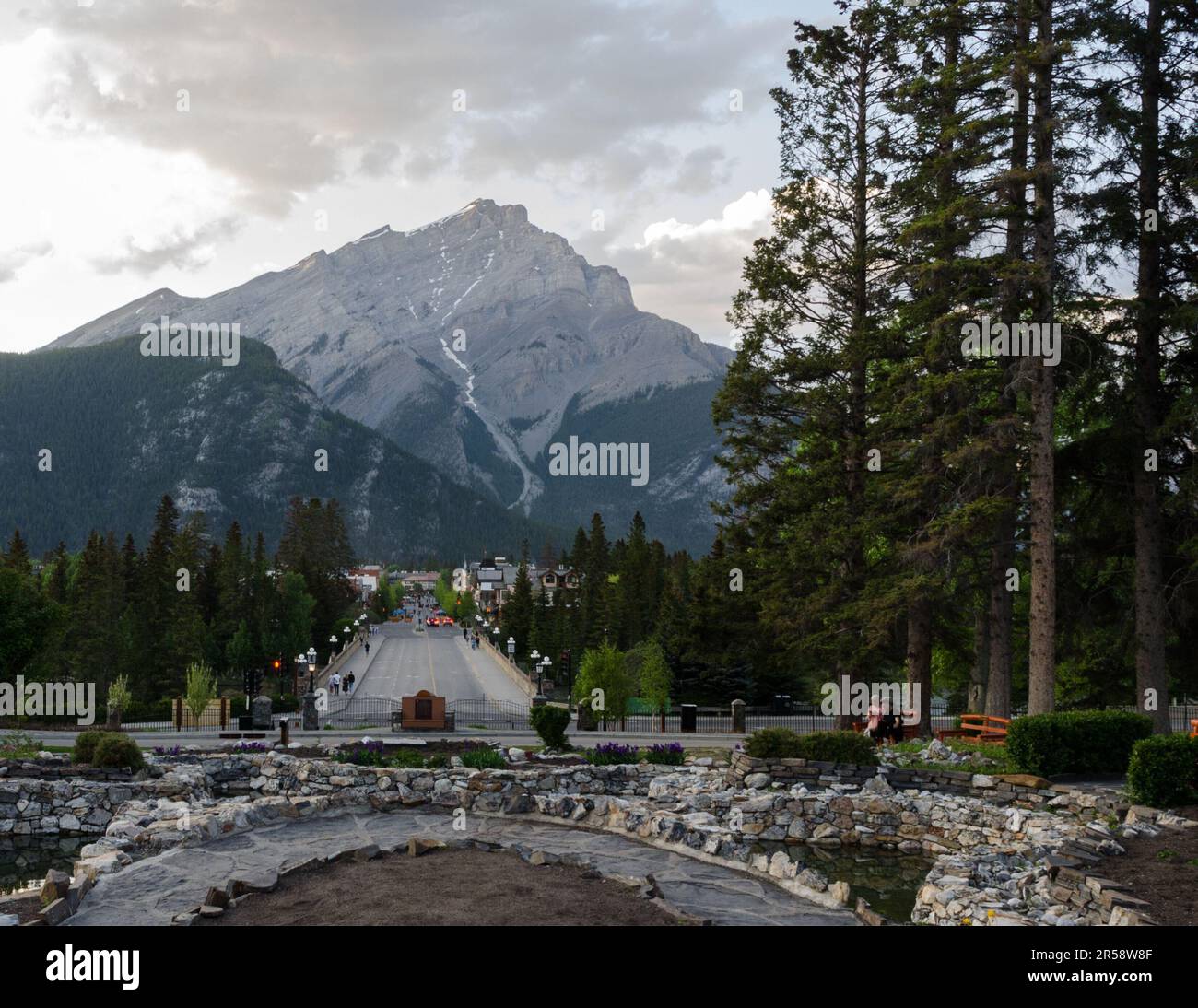 The iconic view of Banff, looking north along Banff Avenue towards Cascade Mountain. Banff ...