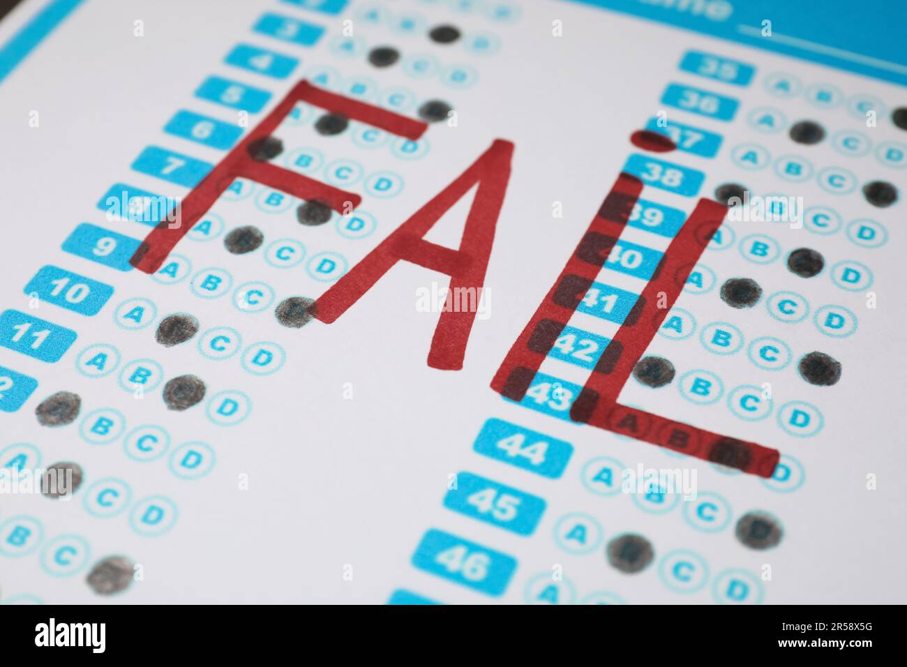 Word Fail written with red marker on answer sheet, closeup. Student ...