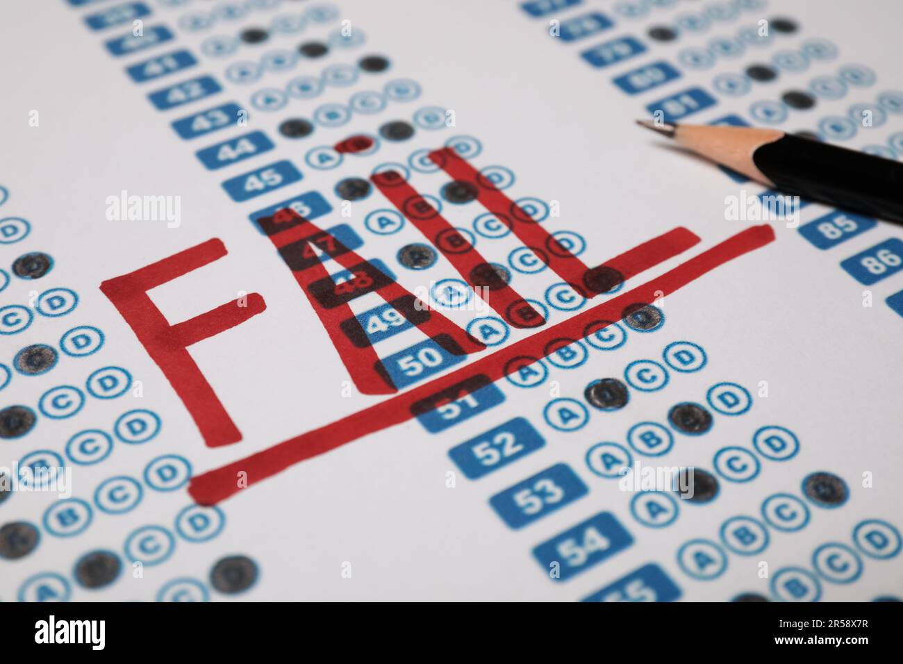 Word Fail written with red marker and pencil on answer sheet, closeup ...