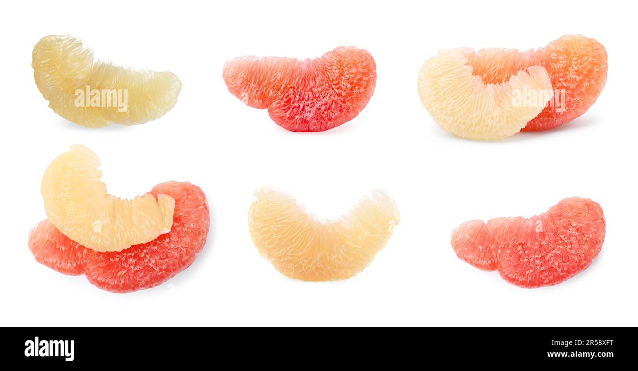 Collage with fresh peeled segments of pomelo fruits on white background ...