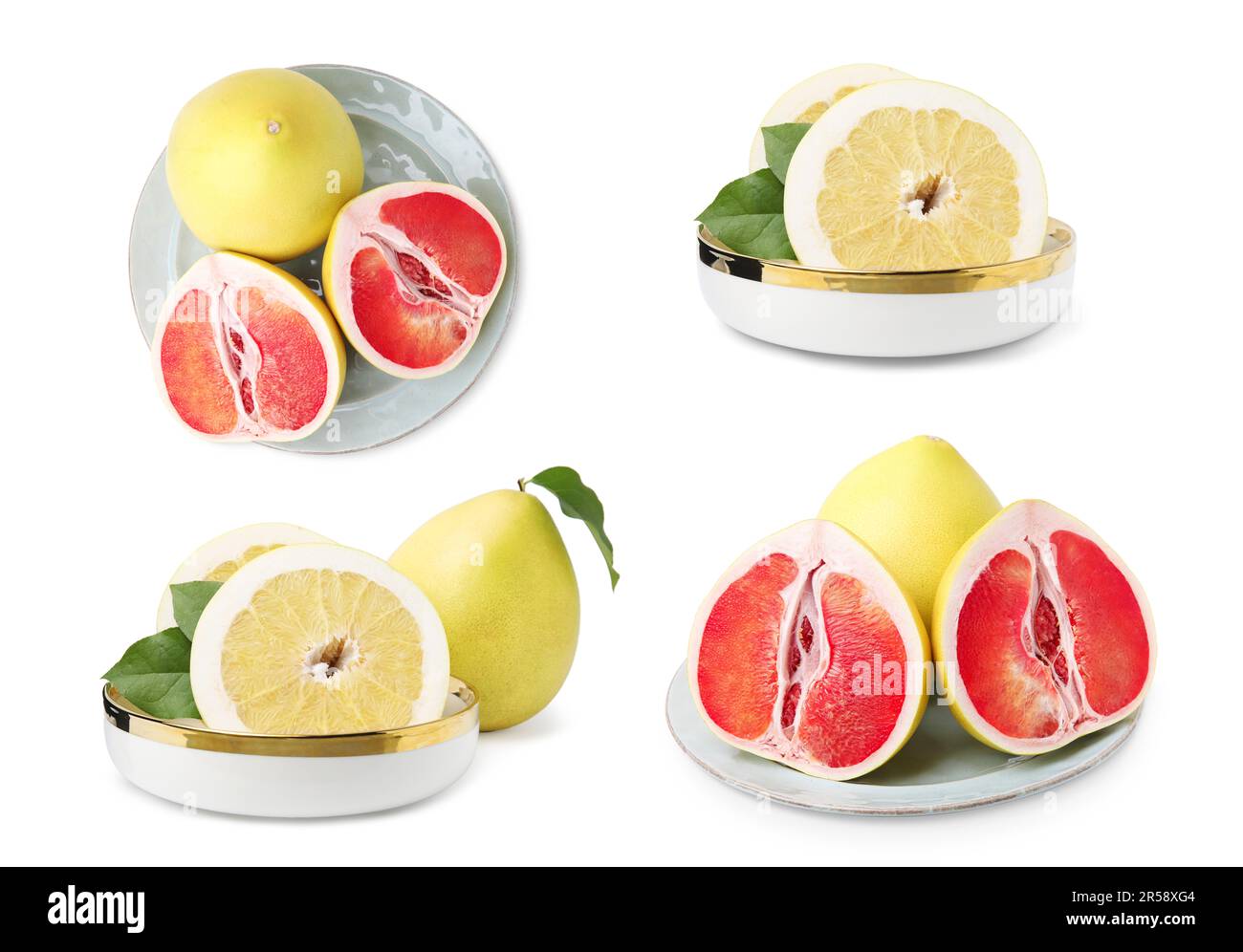 Collage with fresh pomelo fruits on white background Stock Photo - Alamy