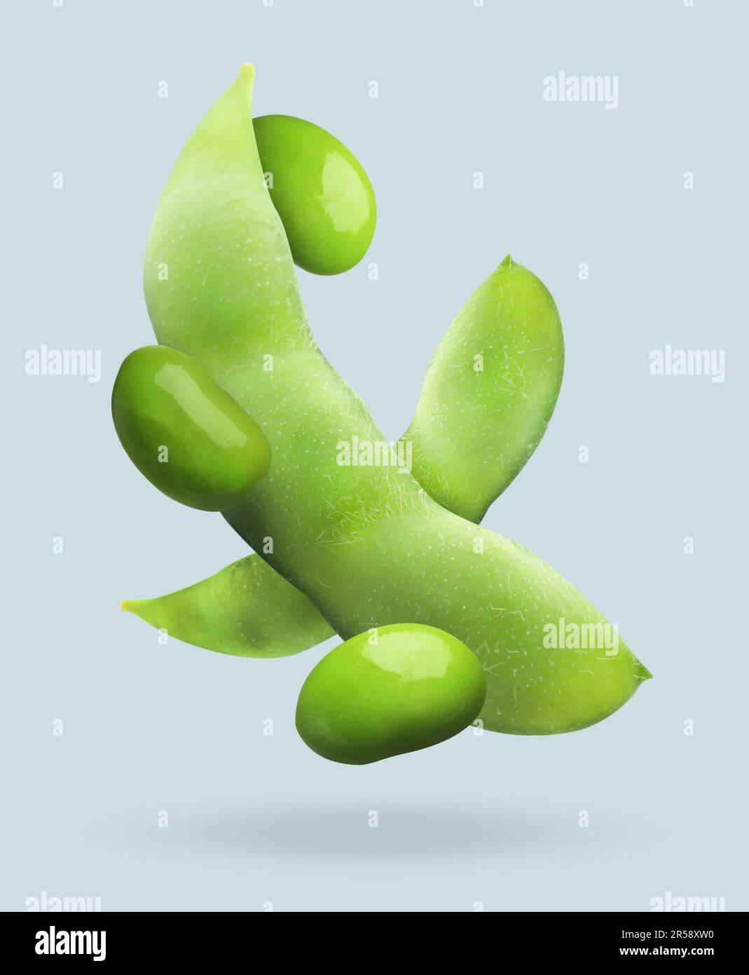 Delicious cooked soy beans and pods falling on light grey background ...