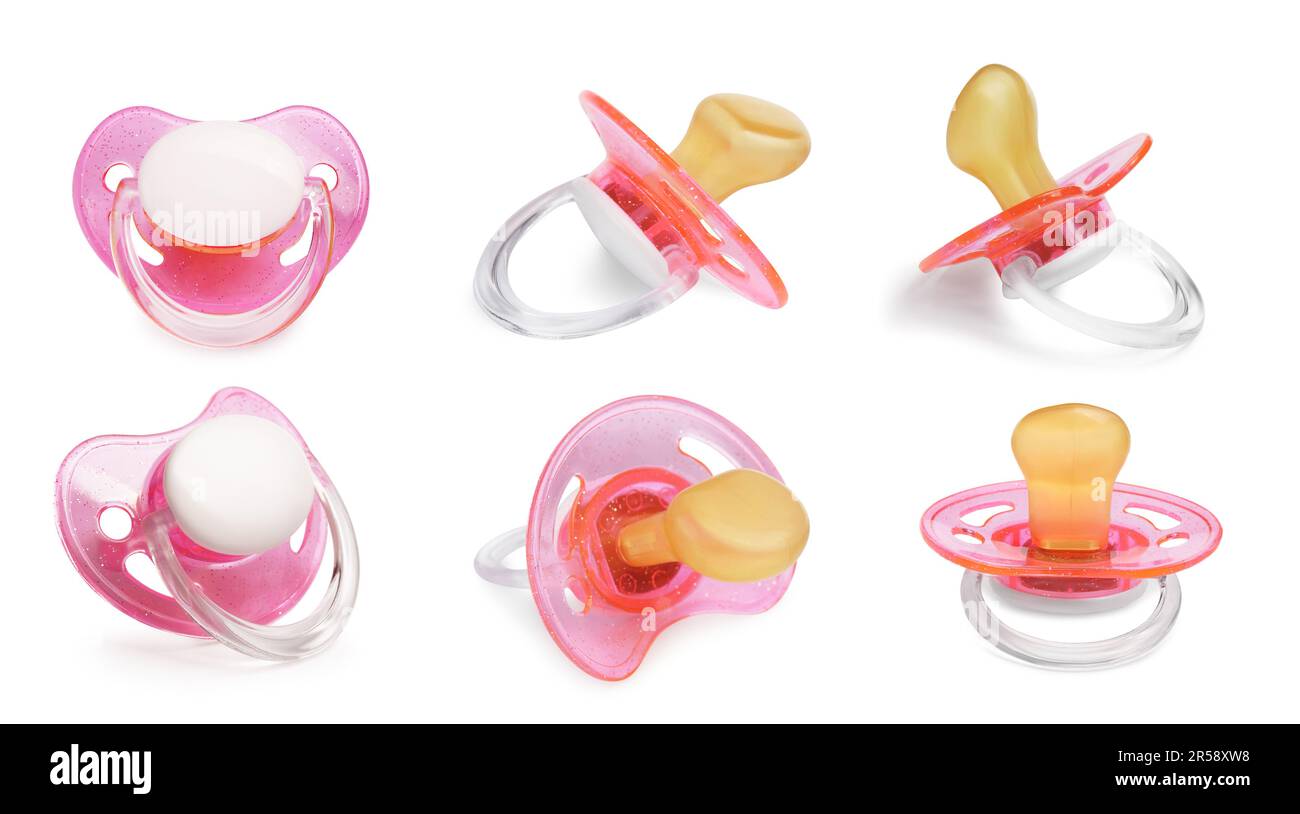 Collage of baby pacifier on white background, views from different ...