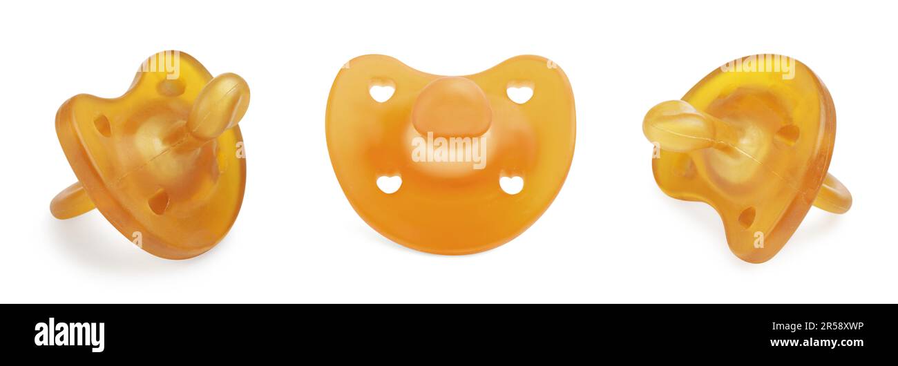 Collage of orange baby pacifier on white background, views from ...