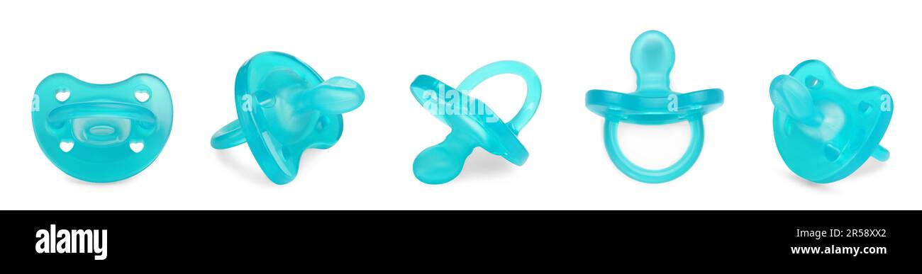 Collage of light blue baby pacifier on white background, views from ...