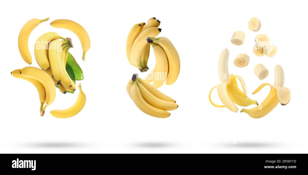 Collage with falling banana fruits and leaves on white background Stock ...