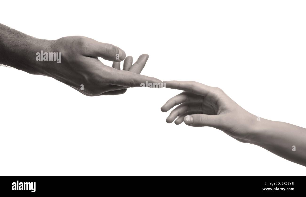 Man and woman touching each other on white background, closeup view of ...