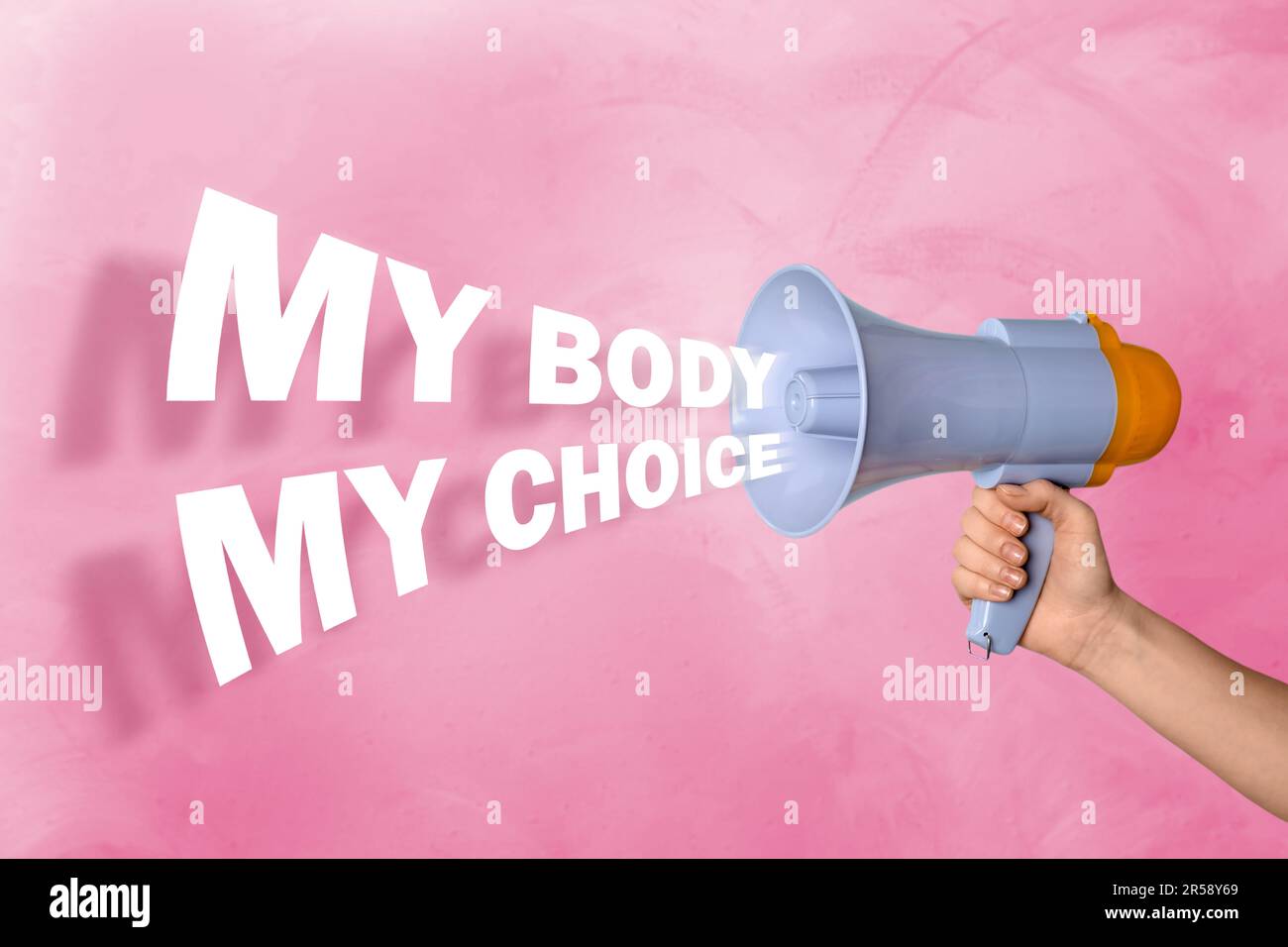 Abortion rights protest. Woman saying slogan My Body My Choice using ...