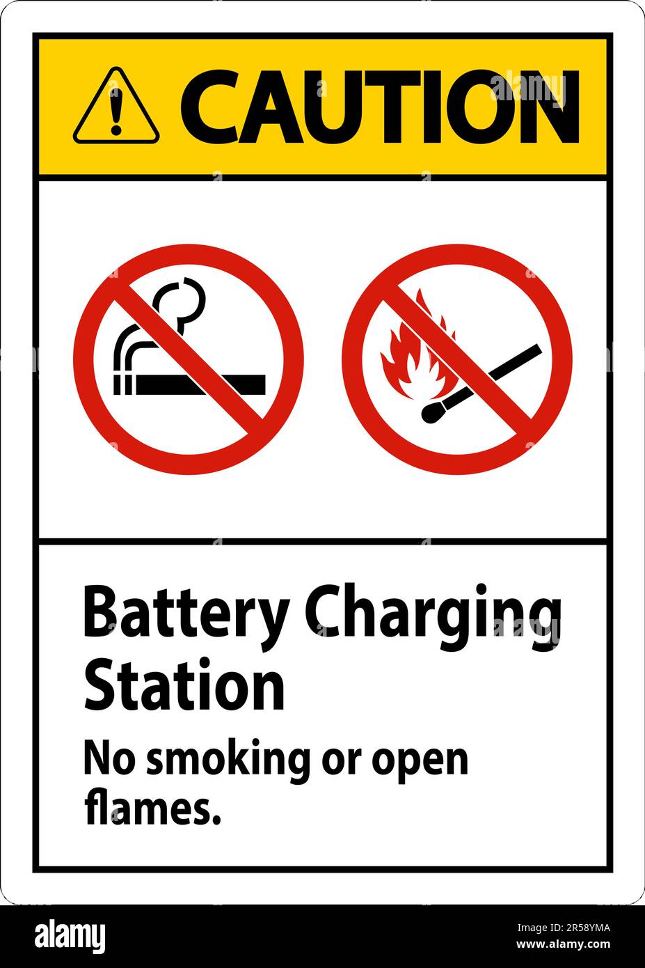 Caution Sign Battery Charging Station, No Smoking Or Open Flames Stock ...