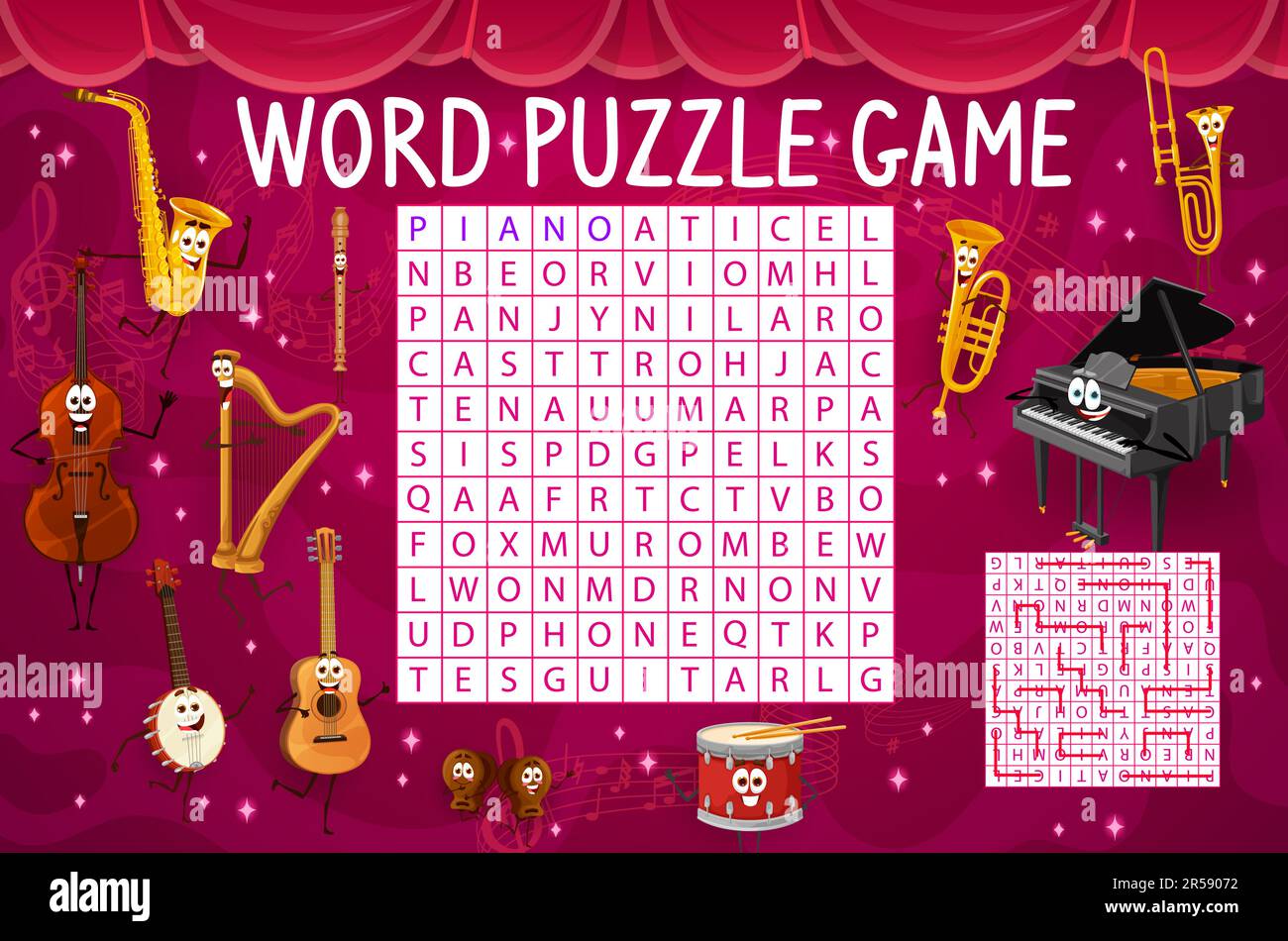 Cartoon musical instrument characters word search puzzle game. Vector ...