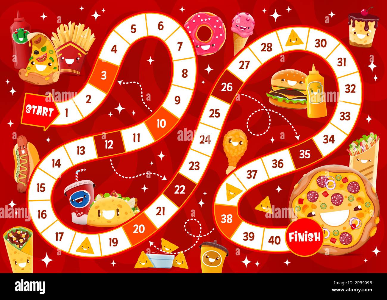 Step board game, cartoon cheerful takeaway fast food characters, vector ...