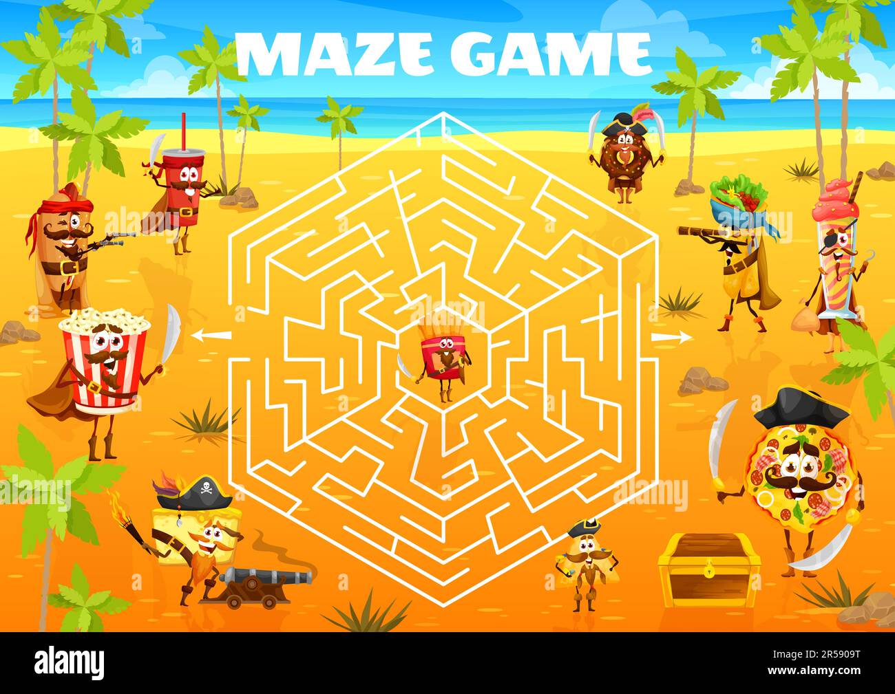 Labyrinth maze. Cartoon pirates fastfood characters on treasure island ...