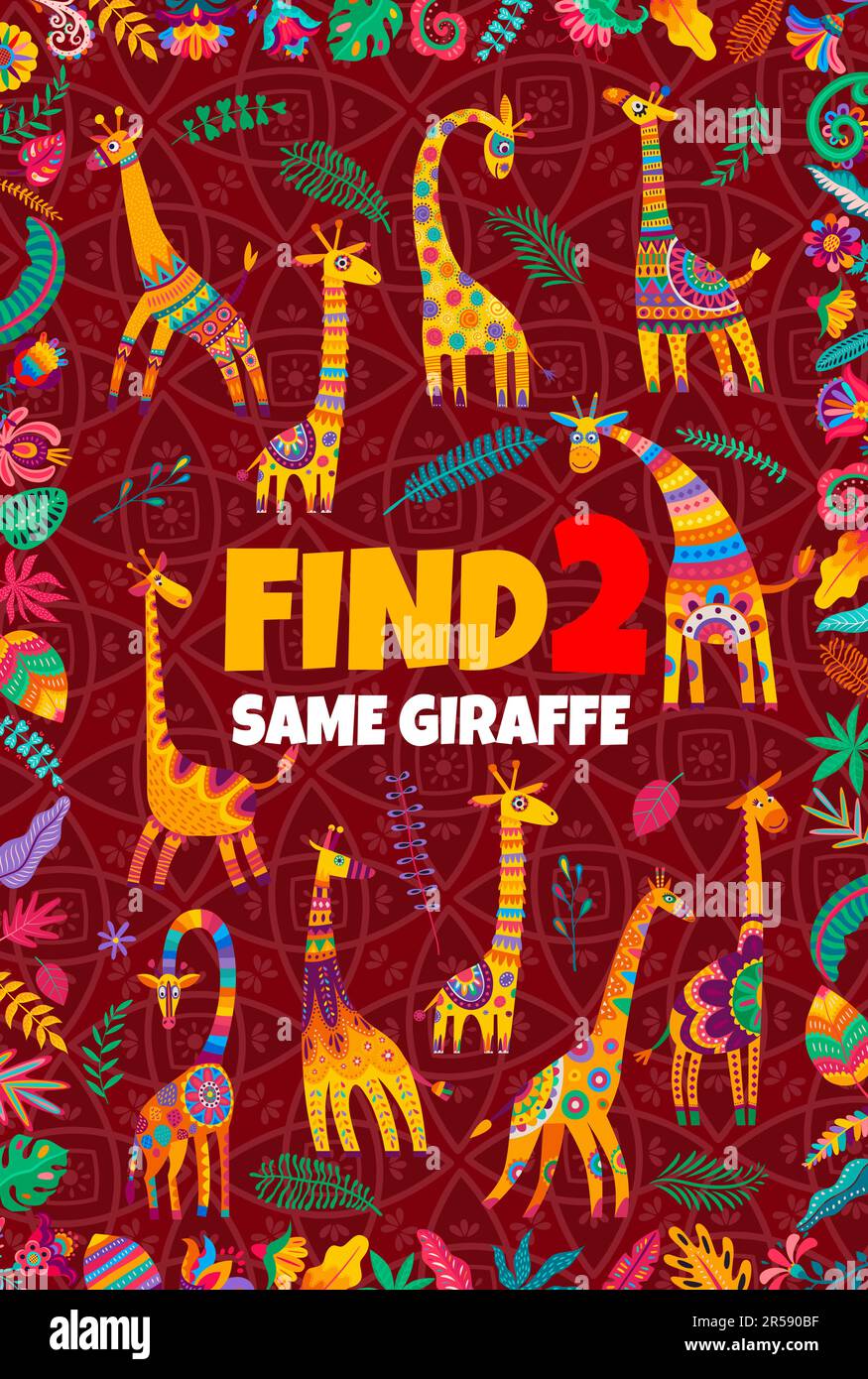 Find two same African giraffes on kids game worksheet, vector puzzle ...