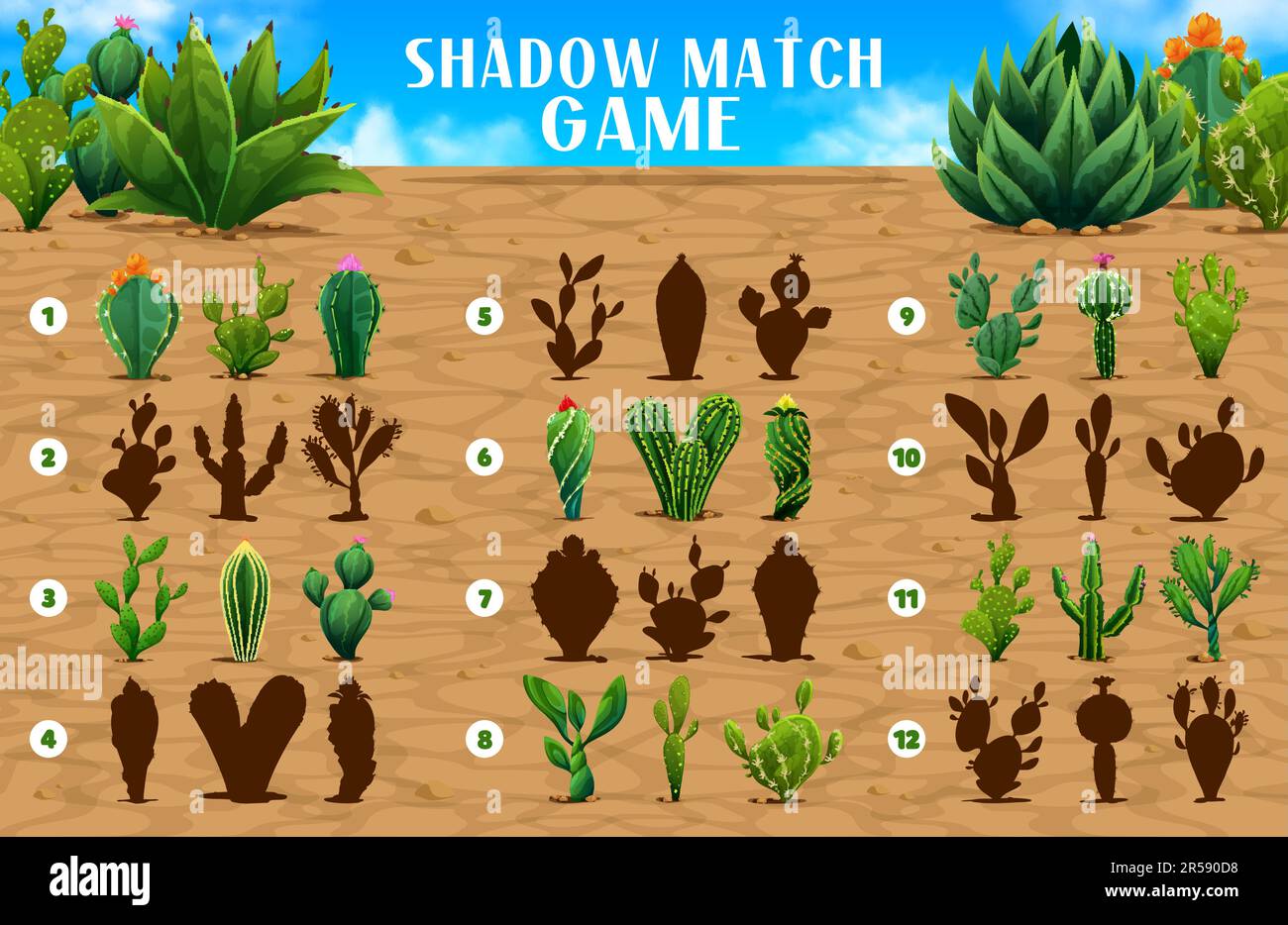 Shadow match game. Mexican prickly cactus succulents. Silhouette ...