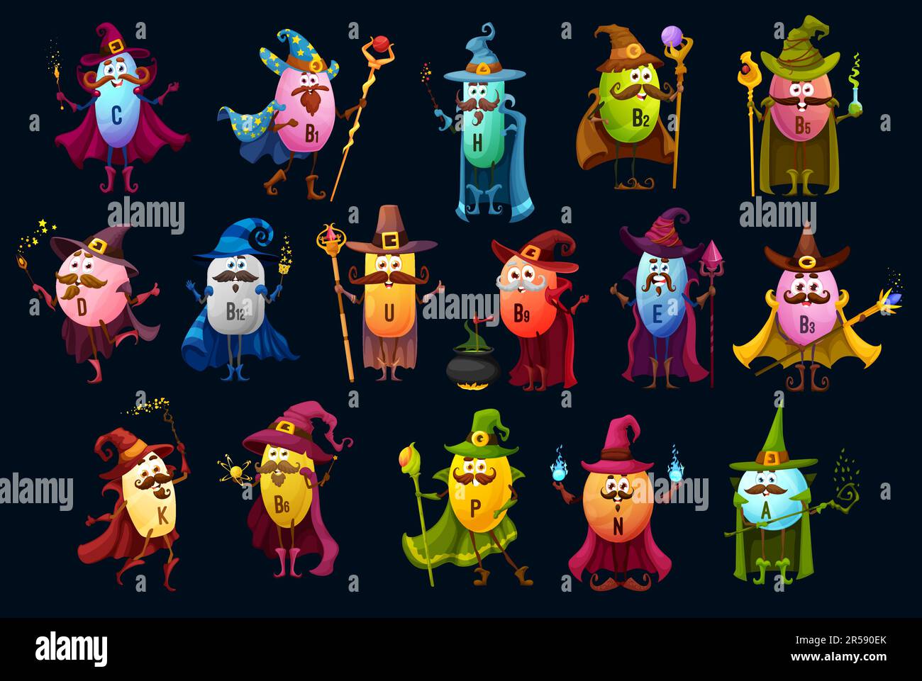 Cartoon vitamin wizards, mages and sorcerers characters. Vector B5, U ...
