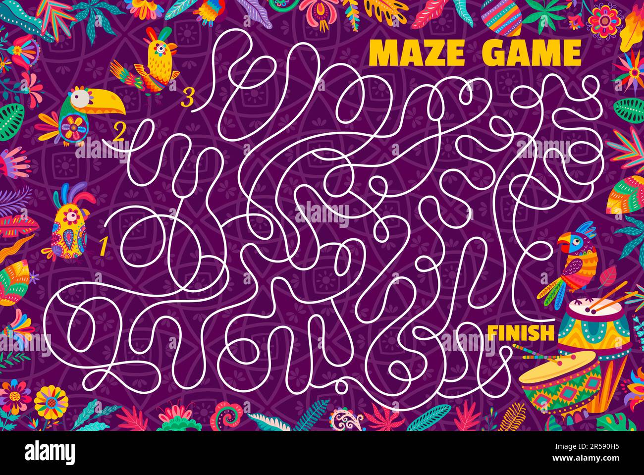 Labyrinth maze game help parrot find his friends. Kids vector worksheet ...