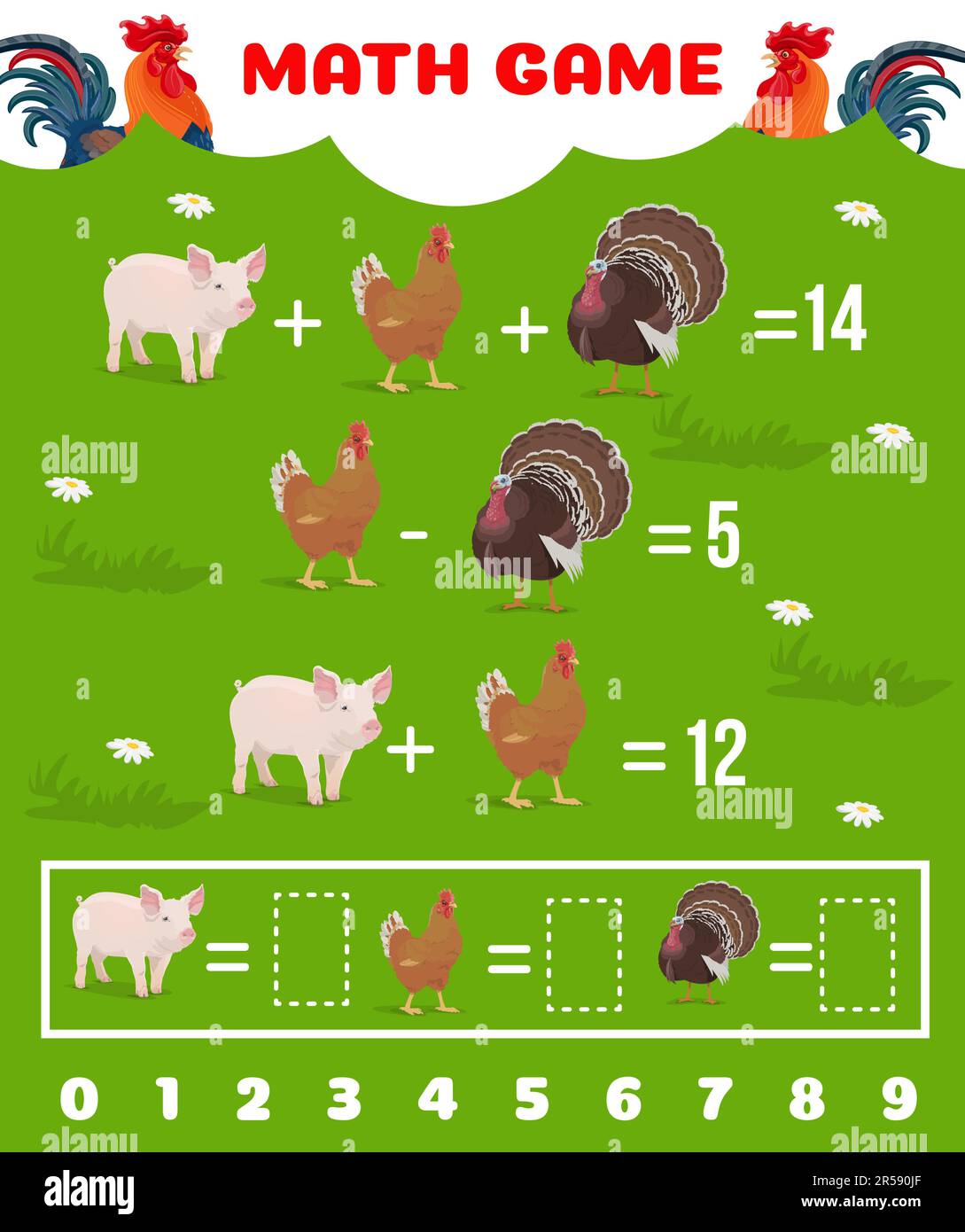 Cartoon farm animals, math game worksheet quiz, vector education puzzle ...