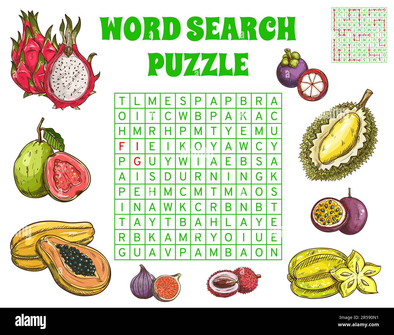 Tropical raw fruits word search puzzle game worksheet, quiz grid ...
