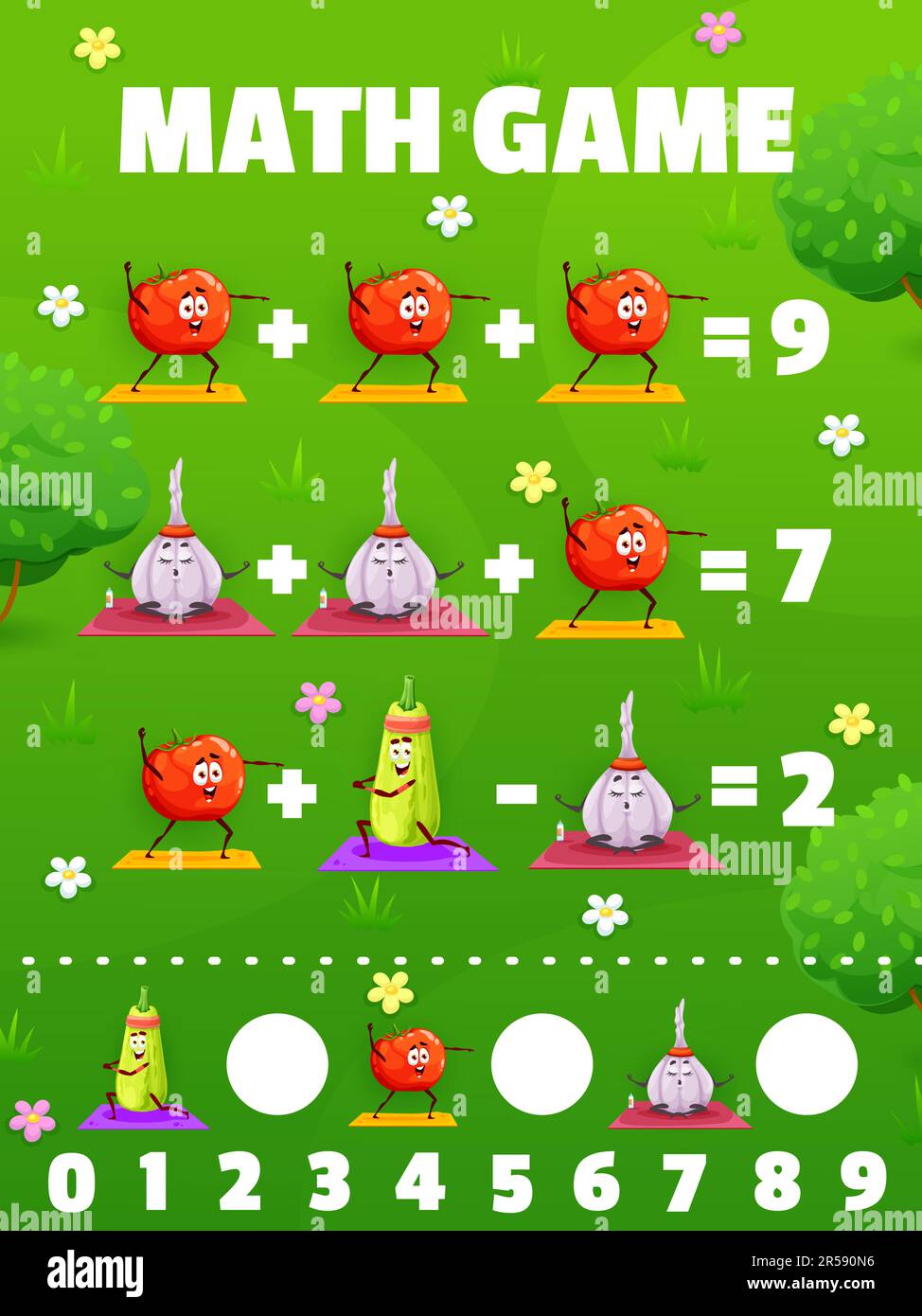 Math game worksheet, cartoon funny vegetable characters on yoga, vector ...