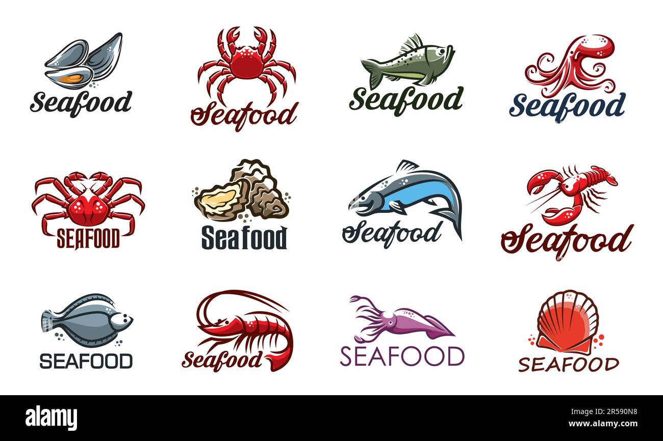 Seafood icon with vector fish, shrimp, lobster and crab. Sea food ...