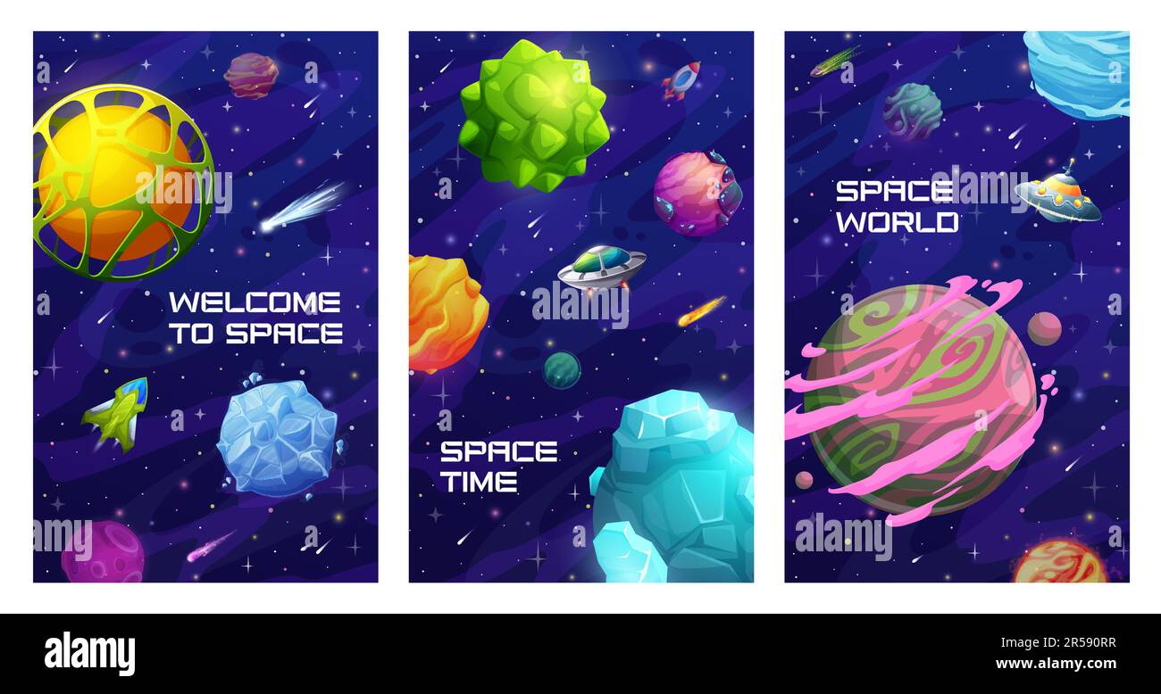 Space posters, starry galaxy, space planets and stars, spaceship and ...