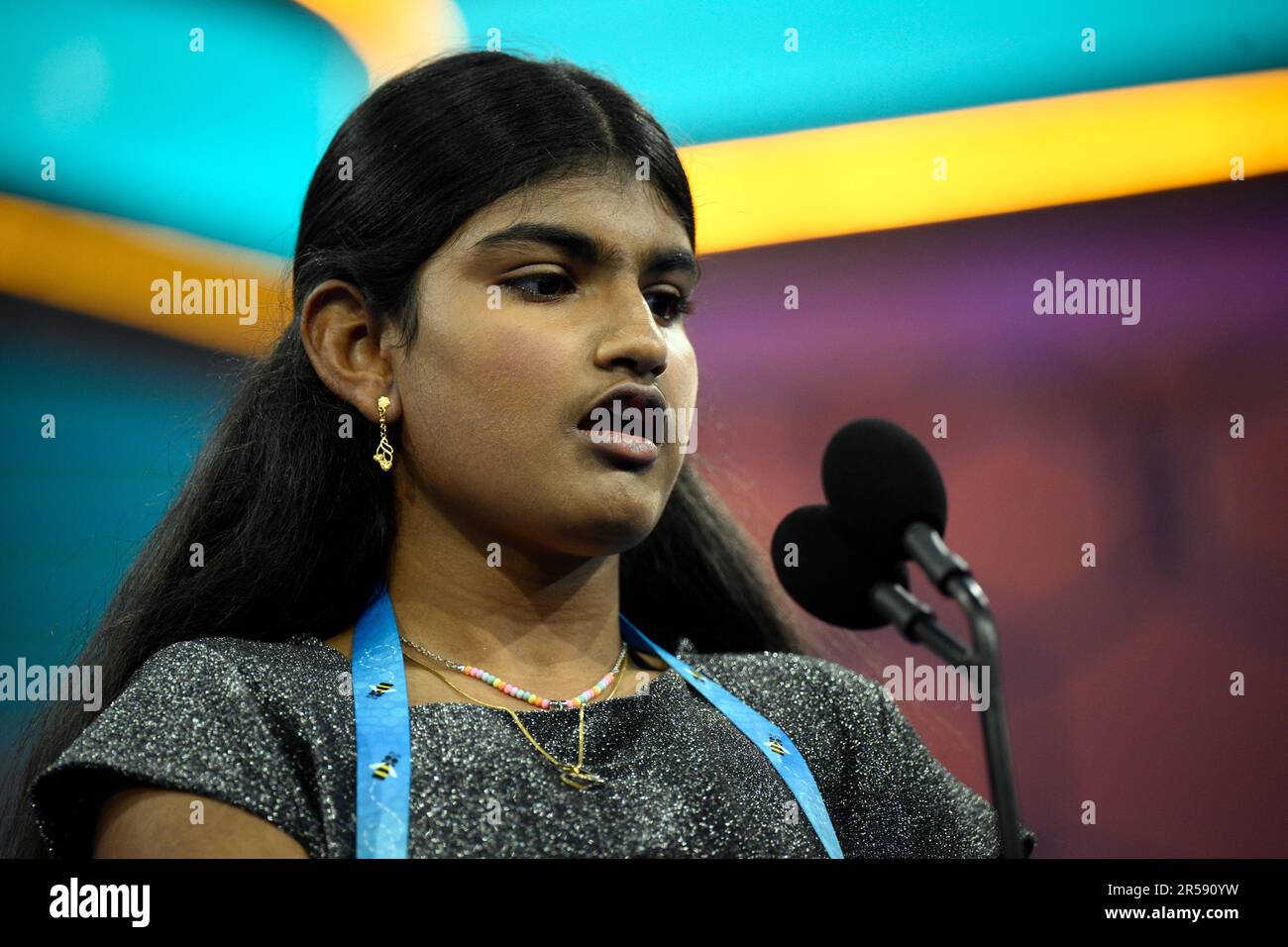 Tarini Nandakumar, 12, from Round Rock, Texas, reacts as she is ...