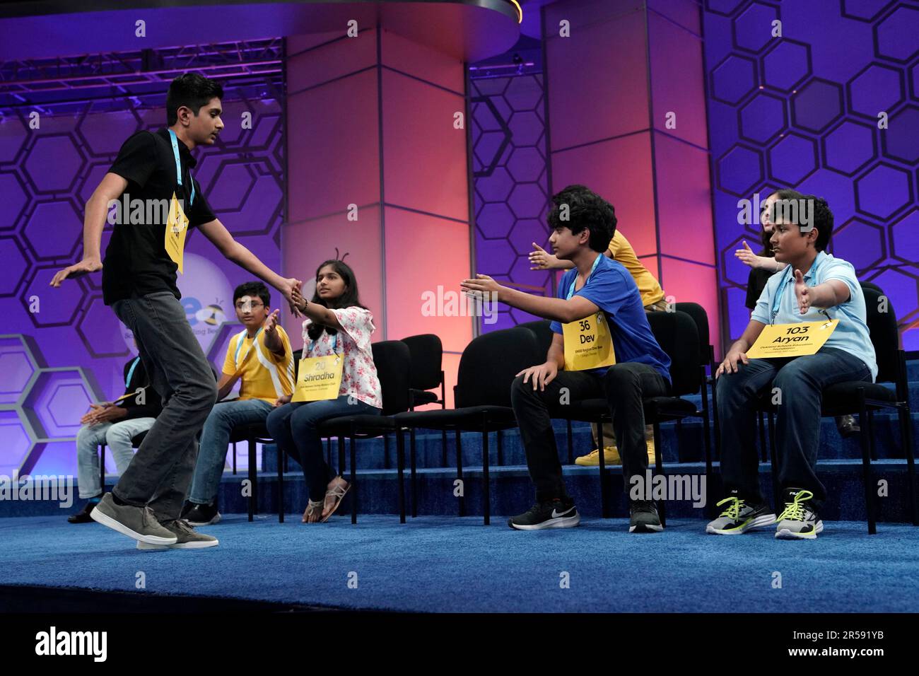 Arth Dalsania, 14, from Camarillo, Calif., is greeted by other ...