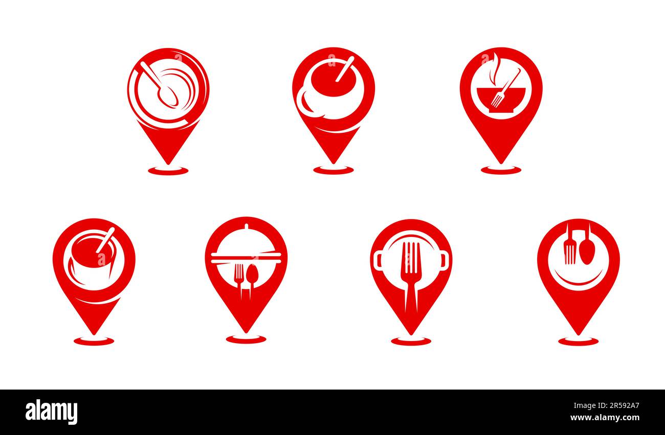Restaurant map pointer icons, food bar, cafe or cuisine vector symbols ...