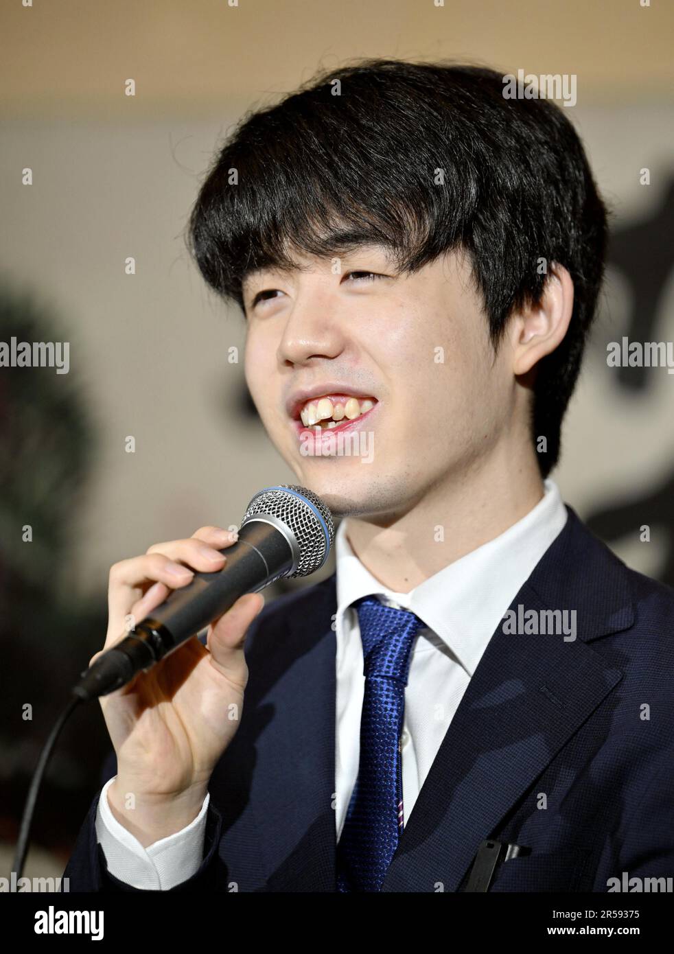 Shogi player Sota Fujii smiles during a press conference in Takayama in ...
