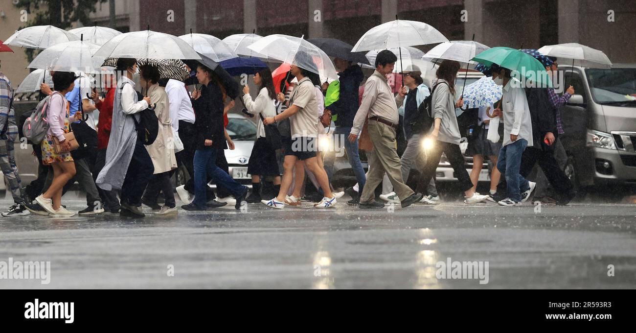 People having umbrellas walk while raining in Kyoto City, Kyoto ...
